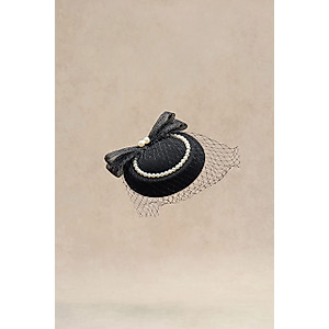 BABEYOND Veil Fascinator Hat for Women Tea Party Kentucky Derby Fascinator Hat Pillbox Hat Feather Fascinator with Pearl (Black)