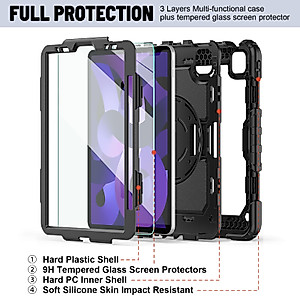 iPad Air 5/4 Case 10.9'' 2022/2020, iPad Pro 11 Case 2021/2020/2018, [Kid Proof] Ambison Full Body Protective Case with 9H Tempered Glass Screen Protector, 360° Rotatable Kickstand/Hand Strap (Black)