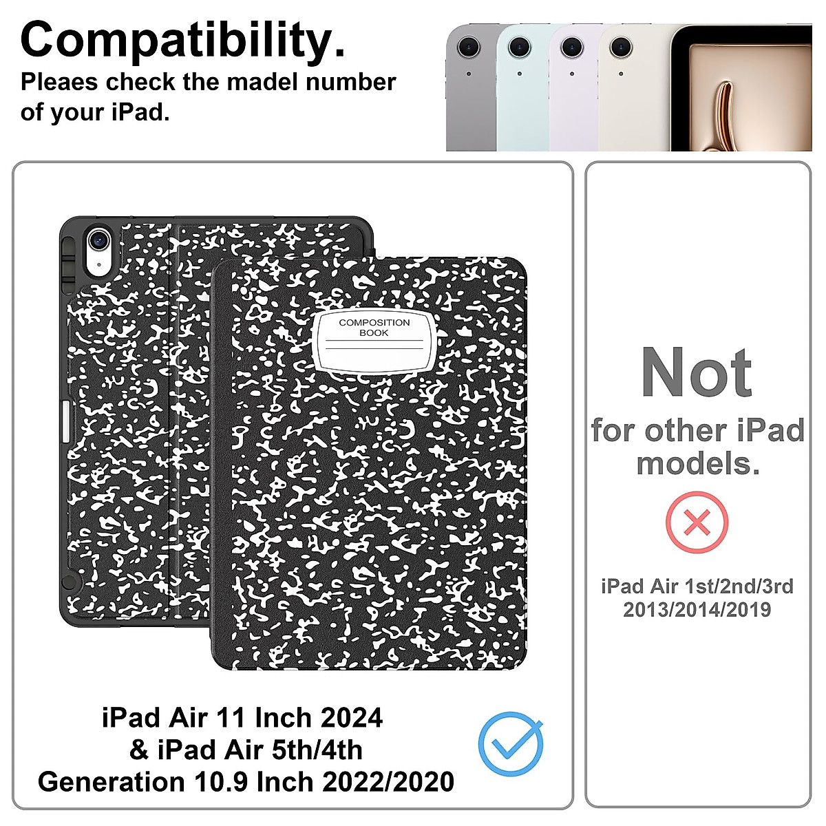 Supveco Case for iPad Air 11 Inch 2024,iPad Air 5th/4th Generation 10.9 Inch 2022/2020 with Pencil Holder-[Auto Wake/Sleep],Premium Folio Stand Soft TPU Back Cover for iPad Air 5/4 Gen-Book