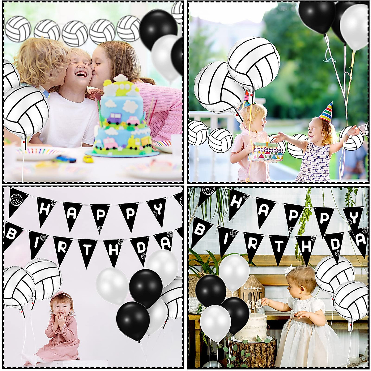 16 Pieces Volleyball Party Decorations, Volleyball Themed Happy Birthday Banner Flags, Black and White Volleyball Paper Garland Volleyball Balloons for Sports Theme Birthday Party Supplies