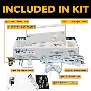 NSL LED Under Cabinet Lighting Dimmable Hardwired or Plugged-in Installation - 3 Color Temperature Slide Switch - Warm White (2700K), Soft White (3000K), Cool White (4000K) - 9 Inch White Finish