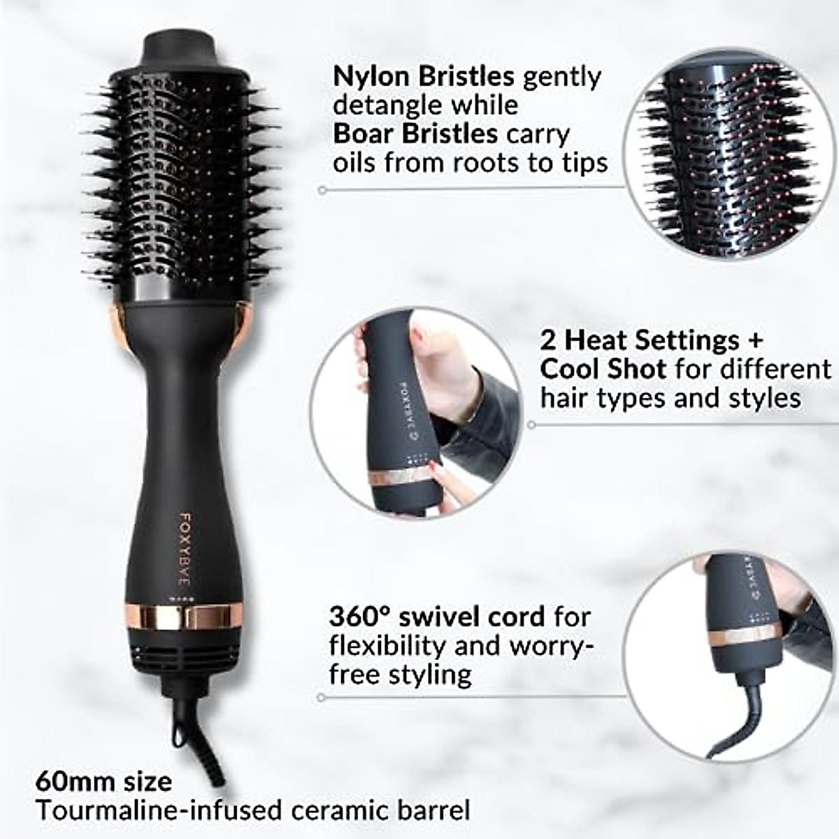 FoxyBae Hair Dryer Brush - 60mm, Rose Gold-Black, Ceramic, Tourmaline, for All Hair Types, Salon-Grade, with Nylon and Boar Bristles, Hot Air Brush and Volumizer in One, 3 Temperature Settings