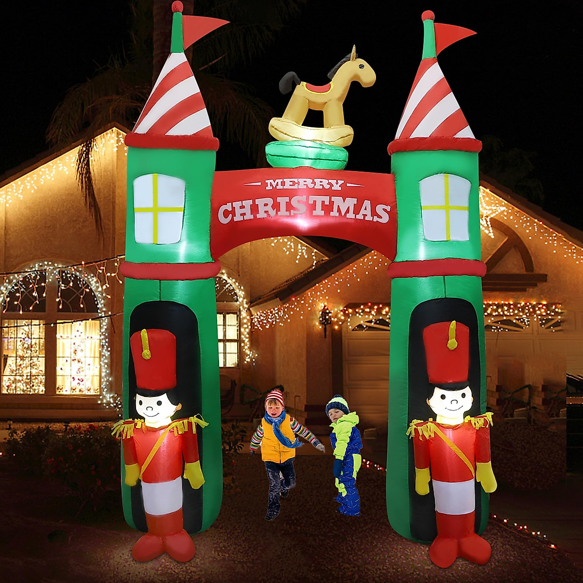 DR.DUDU 9 FT Chritmas Inflatable Arch with Soldier, Merry Christmas Archway Castle Inflatable, Blow Up Decor with Built-in LED Lights, Christmas Outdoor Decor for Yard Garden Lawn Xmas Holiday Party