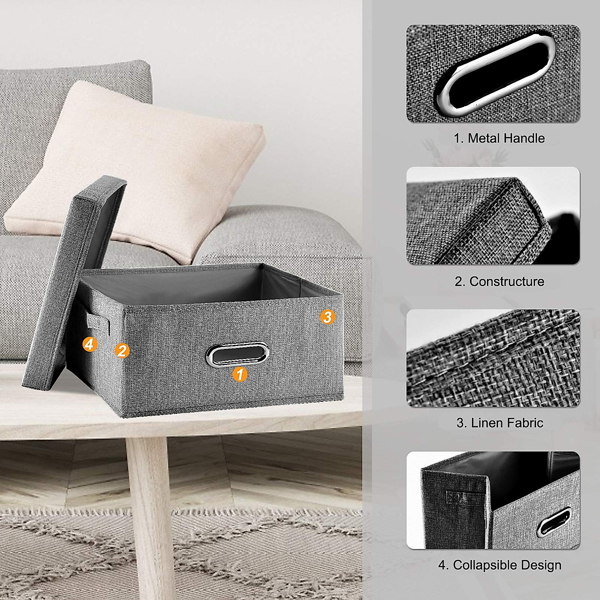 HONGKERNE Linen Fabric Storage Bin with Lid[1-Pack] Foldable Storage Box Organizer Storage Basket with Lid Closet Storage Bins for Clothes Storage Containers for Bedroom Office Home (Gray, Small)