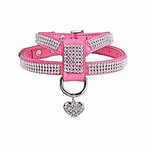 EXPAWLORER Dog Harness Genuine Leather Soft Padded Pet Sparkly Rhinestone Vest with Heart Pendant for Puppy Cat, Pink (S, Pink)