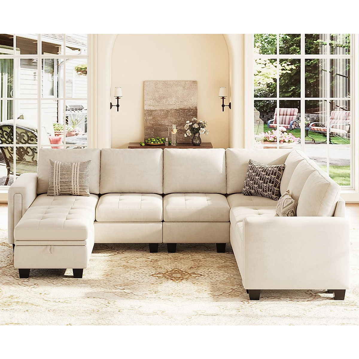 Belffin Velvet Modular Sectional Sofa with Storage Ottoman 6 Seater L Shaped Sectional Modular Sofa Couch with Reversible Chaise Convertible Corner Sectional Couch Beige