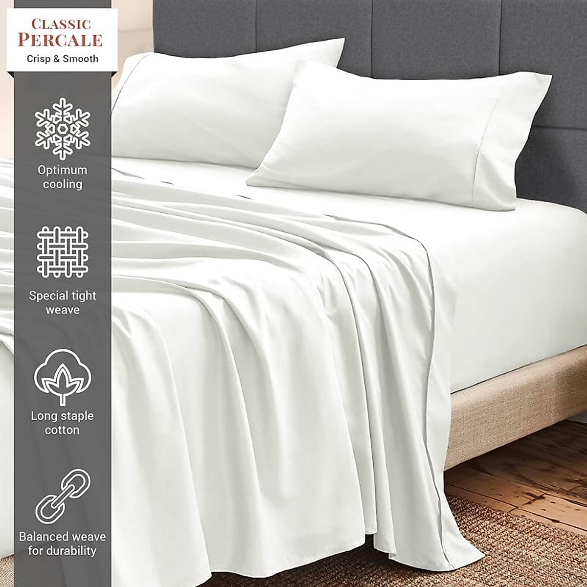Pizuna Cotton Sheets Queen Size, 100% Long Staple Cotton Percale Sheets Queen with 15inch Deep Pocket (Combed White Cotton Sheets Queen)