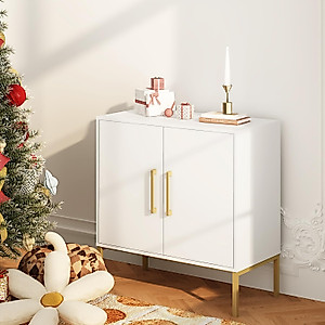 JOZZBY Buffet Sideboard Cabinet with Storage, Modern Wooden Free Standing Cabinet with Adjustable Shelves, White and Gold Cabinets for Living Room, Kitchen, Hallway