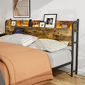 IKIFLY King Size Storage Headboard with Charging Station & LED Lights, Headboard for King Size Bed Frame, Industrial King Headboard Only with Storage for Bedroom, Attach Frame, Rustic Brown