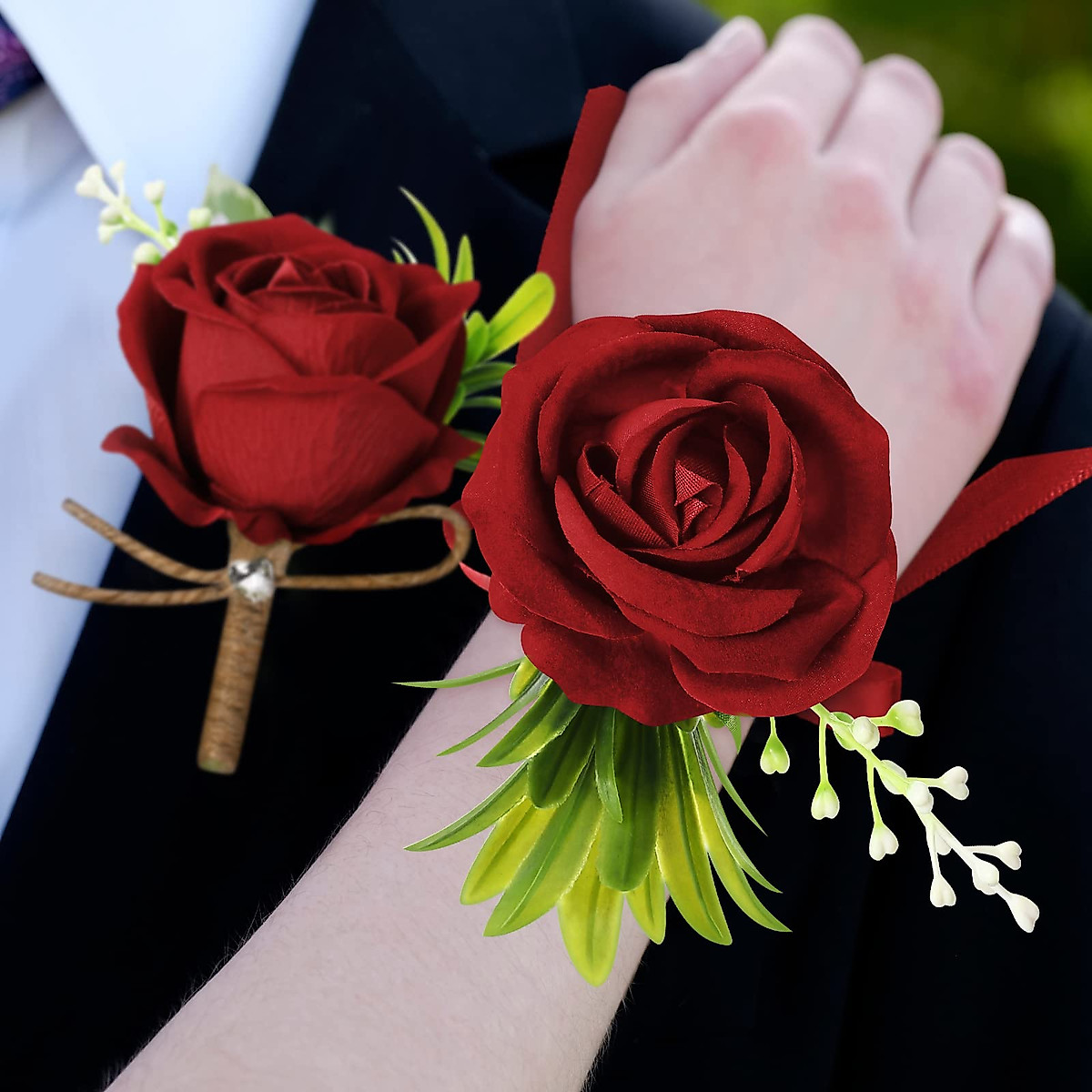 4 Pcs Corsage and Boutonniere Set, 2 Rose Wrist Corsage Wristlet Band Bracelet for Prom and 2 Boutonniere for Men Wedding Groom Flowers Accessories Suit Decoration (Burgundy)