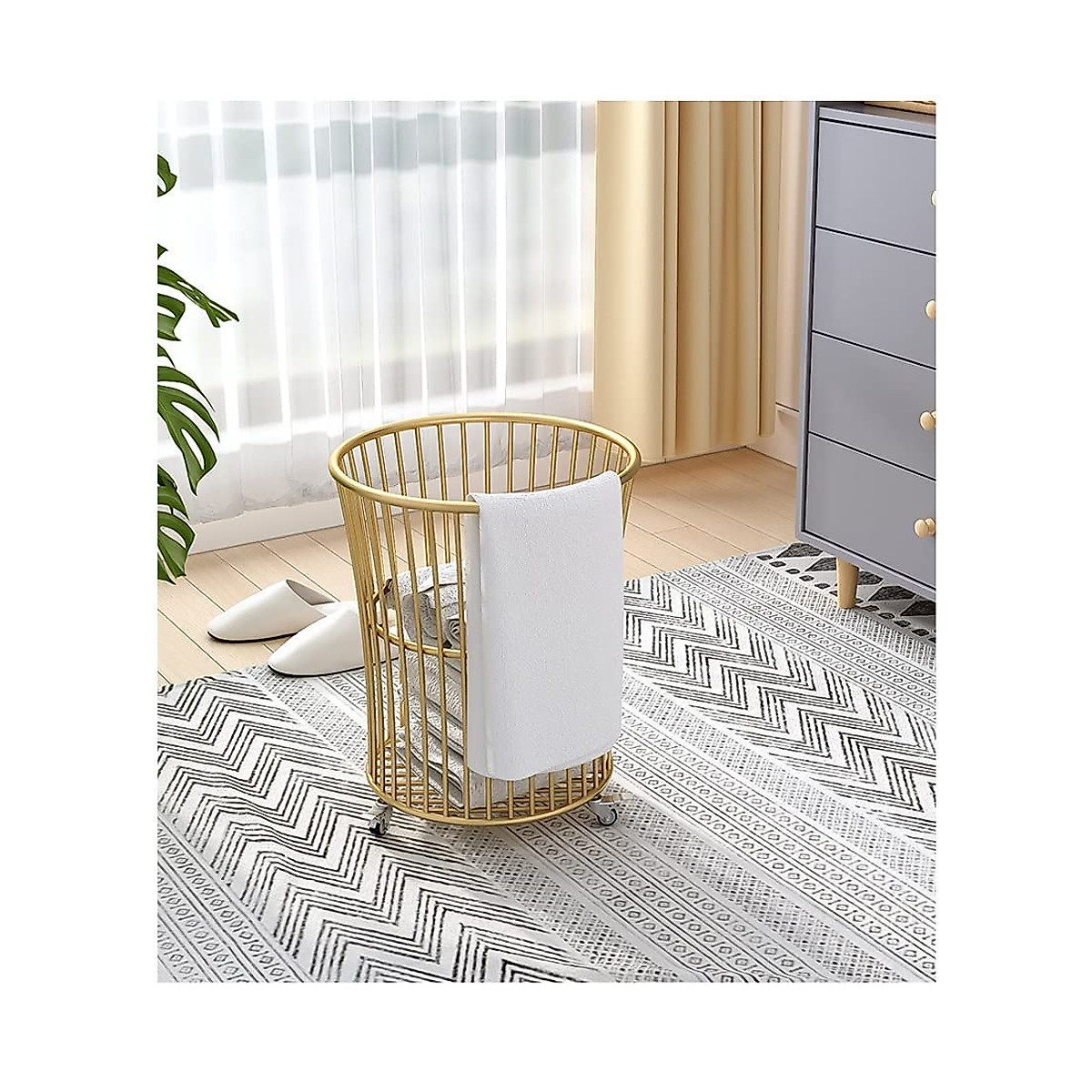Rolling Laundry Hamper with Wheels,Metal Cart Basket Clothes Storage Organization Bin for Living Room,Bathroom,Bedroom or Kids Bedroom,Gold