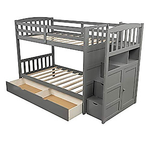 Polibi Twin Over Full/Twin Stairway Bunk Bed, Solid Wood Bunk Bed with Storage Shelves and Two Large Drawers, Convertible Bottom Bed from Twin to Full Size, Grey