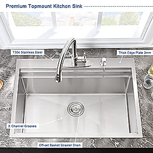 33 Inch Drop In Kitchen Sink Workstation-Hovheir 33x22 Stainless Steel Topmount Double Ledges Workstation Sink 16 Gauge Deep Single Bowl Overmount
