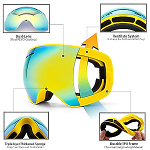 JULI Kids Ski Goggles,Interchangeable Double Layer Spherical Lens,OTG Anti-Fog Snowboard Skate Snow Goggles Age 4-16 4300（Yellow）