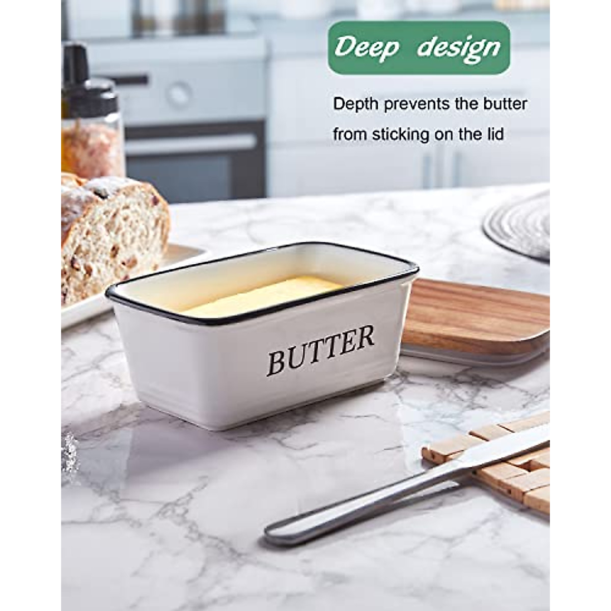 Butter Dish with Lid for Countertop - Large Ceramic Butter Container Holder with Acacia Wooden Lid for Counter - For Modern Kitchen Decor and Accessories - White