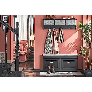 SoBuy Wall Shelf with Hooks, Coat Rack Wall Mount with Shelf Entrywall Storage Cabinet Unit with 3 Baskets 5 Hooks, Black, FRG282-SCH