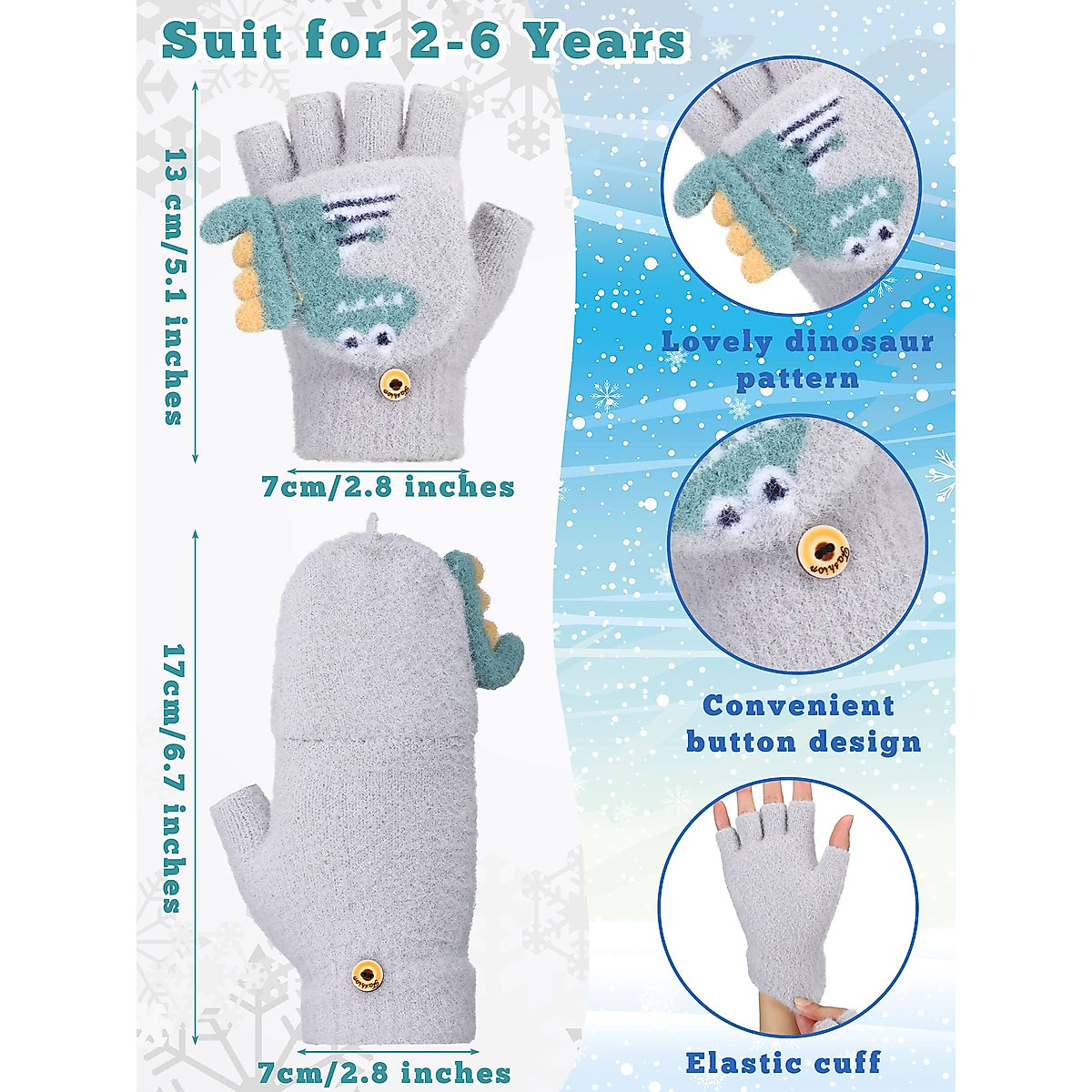 Bencailor 3 Pair Convertible Mittens Kids Knitted Warm Fingerless Gloves Toddler Cartoon Gloves with Mitten Cover for Boy Girl (Blue, Navy, Gray, Dinosaur)