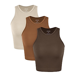 ODODOS 3-Pack Seamless Tank for Women Rib-knit Soft Sleeveless High Neck Tank Tops, Waist Length, Brunette+Clay+Mushroom, X-Small/Small