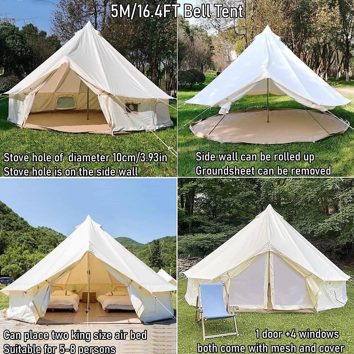 Latourreg Outdoor Luxury Waterproof 3M/4M/5M/6M Oxford Bell Tent with Zipped Detachable Groundsheet (White Oxford Cloth, 4M Bell Tent)