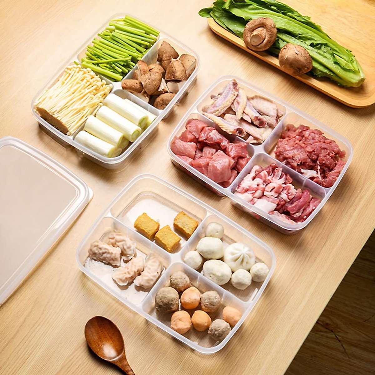 Angoily Veggie Bacon 2pcs Refrigerator Organizer Bins Divided Food Storage Containers with Lids Plastic Snack Container 4 Removable Boxes Stackable for Fridge S Bin Storage Organizer