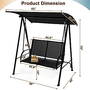 Tangkula 2 Person Porch Swing, Patio Swing with Adjustable Canopy, Comfortable Fabric Seat & Heavy-Duty Steel Frame, Outdoor Canopy Swing for Patio, Garden, Poolside (Black)