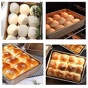 POKALI Carbon Steel Square Nonstick baking sheet cake pan, Deep Dish Oven Bakeware Mold, Square Bakeware Roasting Tray 11 x 9 inch(11in, 1 Baking Paper For Cooking GOLD)