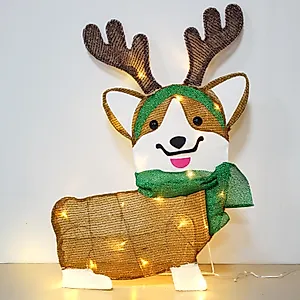 DROFELY 27”Christmas Corgi Lighted up Decoration for Indoor Display with LED Lights, Lighted 2D Christmas Dog with 20 Warm White Lights Decorative Christmas Tree,Home Xmas Holiday Addition AZ23GF-10