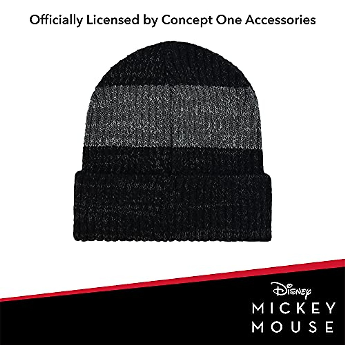 Disney Mickey Mouse Cuffed Beanie Hat, Knitted Stocking Cap, Black/Grey