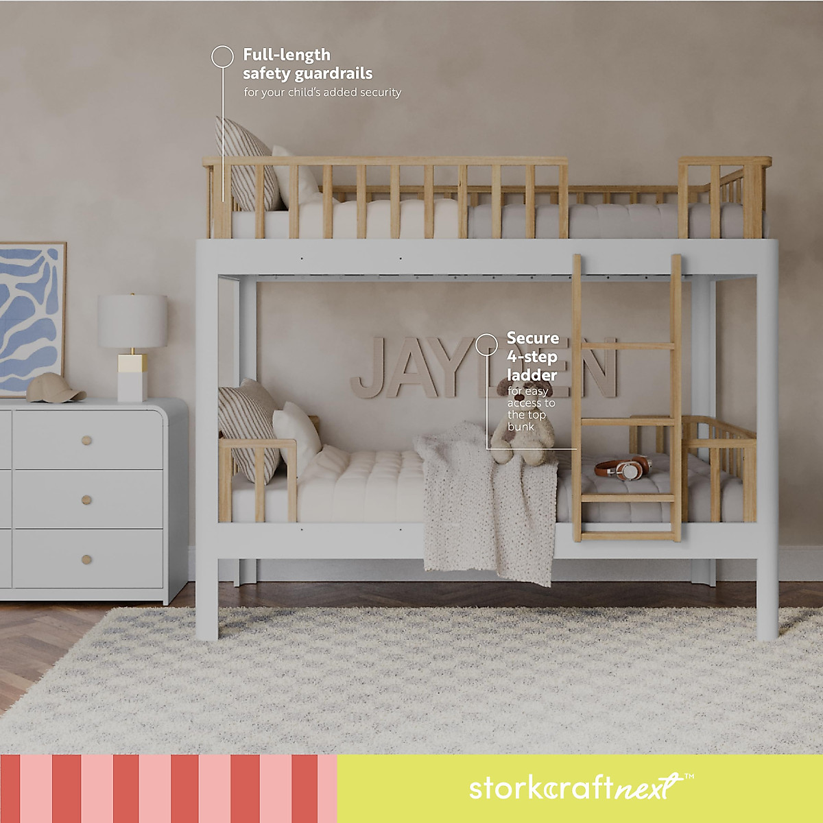 Storkcraft Next Santos Twin-Over-Twin 5-in-1 Convertible Bunk Bed (White with Natural) – GREENGUARD Gold Certified, Converts to Loft Bed and Twin Beds, Modern Style for Kids Room