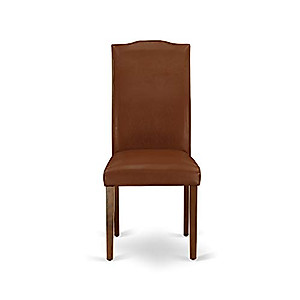 East West Furniture ANEN3-MAH-66 3Pc Rounded 36 Inch Dining Table And 2 Parson Chair With Mahogany Leg And Brown Flaux Leather, 3