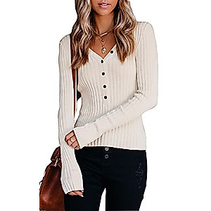 PRETTYGARDEN Women Long Sleeve Tops - Sexy V Neck Button Slim Fitted Ribbed Henley Shirts (White, X-Large)