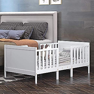 Costzon 2 in 1 Convertible Toddler Bed Frame, Converts to Two Chairs, Classic Wood Kids Bed w/Double Side Safety Guardrails, Footboard for Extra Safety, Fits Full Size Crib Mattress (White)
