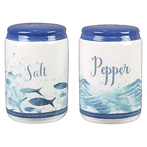 Beachy Blue Fish & Ocean Waves Ceramic Salt & Pepper Shakers