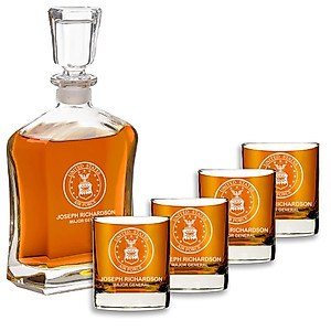 Personalized Whiskey Decanter Sets - For Military, Army, Navy, Air Force, Coast Guard, Marine - Active, Retired - Gift for Husband, Dad, Son - Custom Engraved Name, Rank, Date