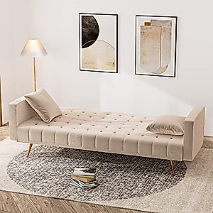 OUYESSIR Velvet Futon Sofa Bed with 2 Pillows, Convertible Futon Couch, Sturdy Sleeper Sofa in 71 inch, Small Futon Sofas (Beige)