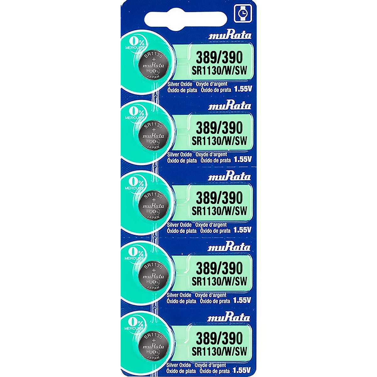 Murata 389/390 Battery SR1130/W/SW 1.55V Silver Oxide Watch Button Cell (5 Batteries)
