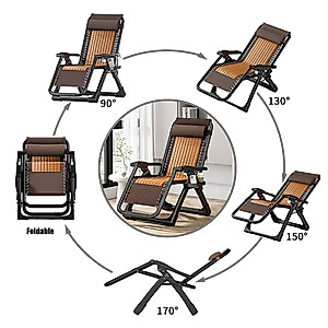 Zero Gravity Chair Adjustable Folding Reclining Lounge Chair Bamboo with Pillow and Cup Holder Patio Lawn Recliner for Outdoor Pool Camp Yard Beach Garden Outdoor and Indoor