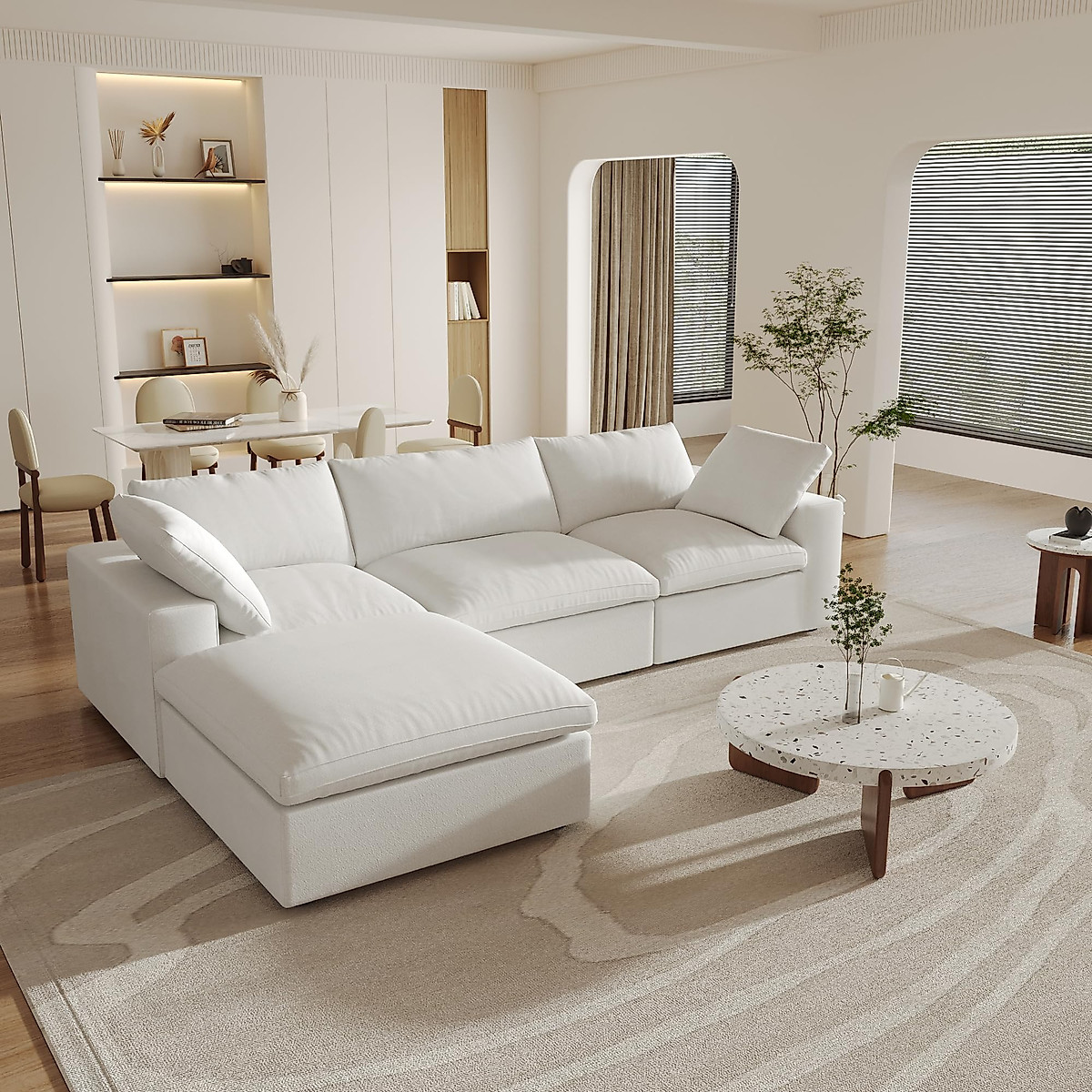 WJShome Cloud Modular Sectional Sofa,120.45" Down Filled L Shaped Sofa Couch with Storage Ottoman,Minimalist Wide Deep Seat Couches,Sofa Covers Washable&Replaceable (White, 3 Seater+1 Ottoman)