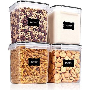 Vtopmart Food Storage Containers 2.5L / 84.5oz, 4 Pieces BPA Free Plastic Airtight Food Storage Containers for Flour, Sugar, Baking Supplies, with 4 Measuring Spoons and 24 Labels,Black