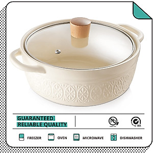 LIFVER Casserole Dish with Lid, 2.3 Quart Ceramic Roasting Pan, Farmhouse Bakeware with Cover, Round Cookware Bakeware, Microwave, Oven, Fridge and Dishwasher Safe, Off White