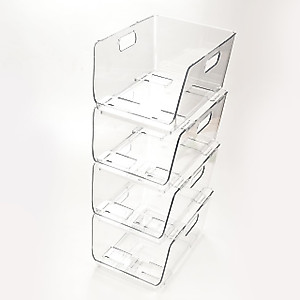 TidyFriend Plastic Stackable Bins for Pantry, 4 Pack Stacking Bins Open Front, Toy Organizers, Kitchen, and Bathroom Essentials (Clear- Hole Handle)
