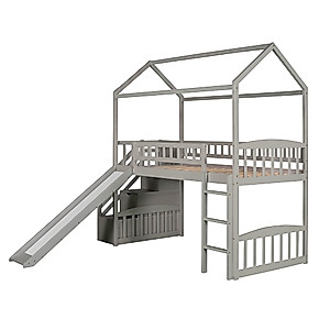 Twin Loft Bed with Stairs and Slide, Wooden House Loft Bed Twin Size with Step Storage Drawers Stairway Playhouse Bed for Kids, Toddlers, Girls & Boys, No Box Spring Needed (Twin, Gray)