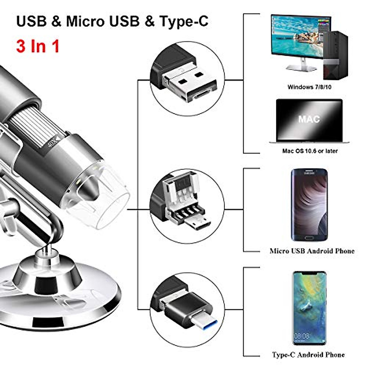 USB Microscope Camera 40X to 1000X, Cainda Digital Microscope with Metal Stand & Carrying Case, Compatible with Android Windows Linux Mac, Portable Microscope Camera for Kids Students Adults (Gray)