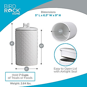 BIRDROCK HOME Large Dog Treat Container Jar | Holds 7 Cups | Durable White Ceramic Canister with Airtight Seal & Bone Handle Lid | Ideal for Kitchen Counter or Pantry Storage | Pet Food Safe | 9" x 5"