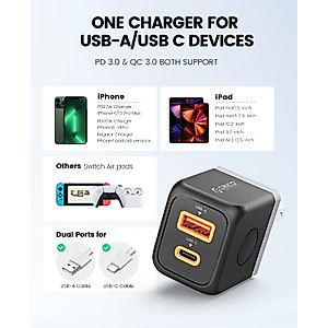 ORICO GaN USB C Charger with USB C Cable, 30W Power Delivery + QC3.0 USB A Double Port Fast Charging Adapter, Mini Wall Charger Compatible with iPhone 14 13 12 Pro Max Galaxy, iPad, MacBook Air