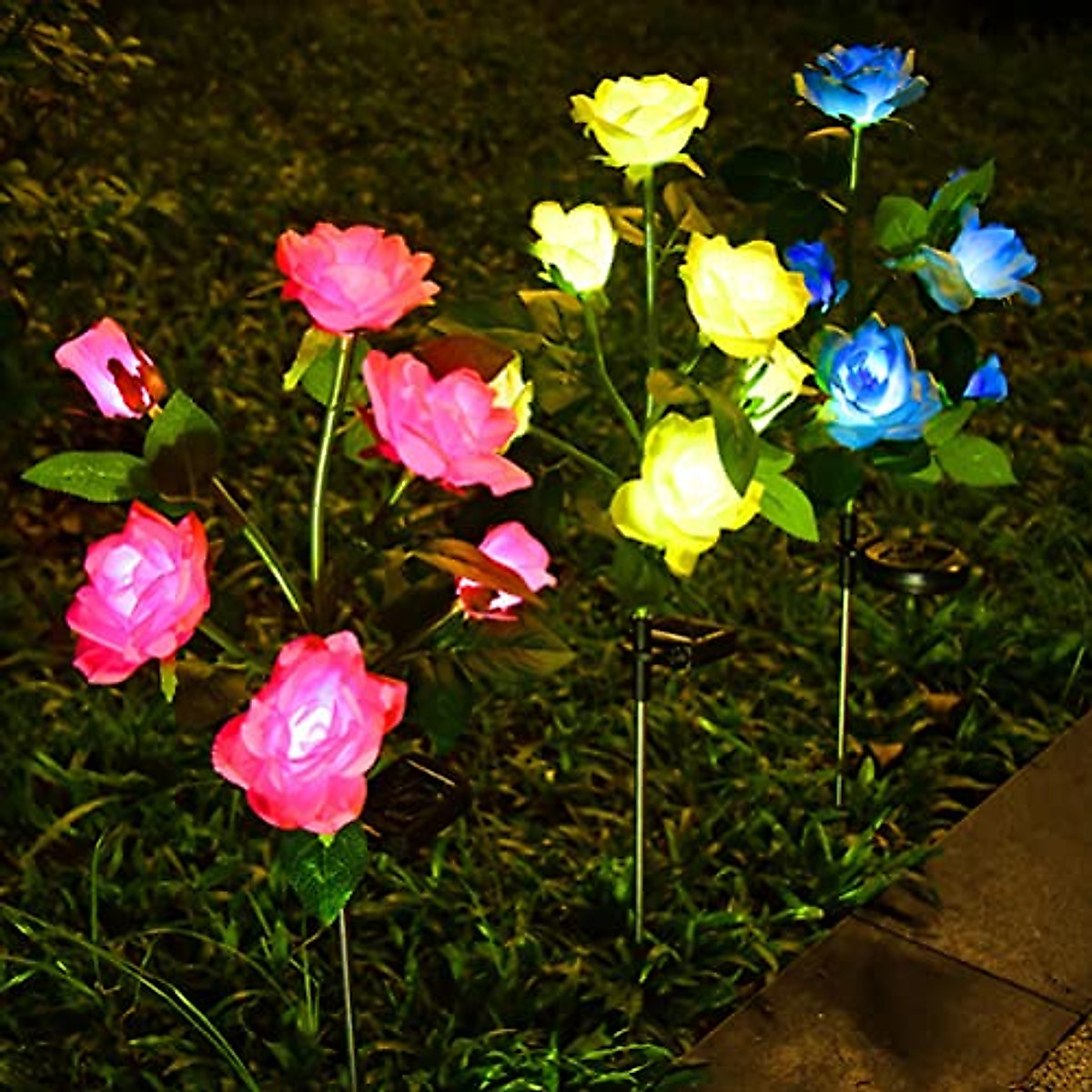 Aolyty Solar Garden Lights Outdoor, Solar Powered Stake Flower Light, IP65 Waterproof Solar Decorative Rose Flowers Lights for Patio Pathway Yard Lawn Decor (Yellow, 6 Rose)
