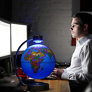 Floating Globe, Office Desk Display Magnetic Levitating and Rotating Planet Earth Globe Ball with World Map, Cool and Educational Gift Idea for Him - 8" Ball with Levitation Stand (Blue)