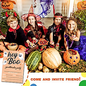 Deluxe Halloween or Costume Party Invitations, 25 Fill-in Cards with Envelopes, Pumpkin, Ghost, Monster, Cute Trick or Treat, Box or Treat for Kids Birthday or Adult party - 4"X6" (JRM358)