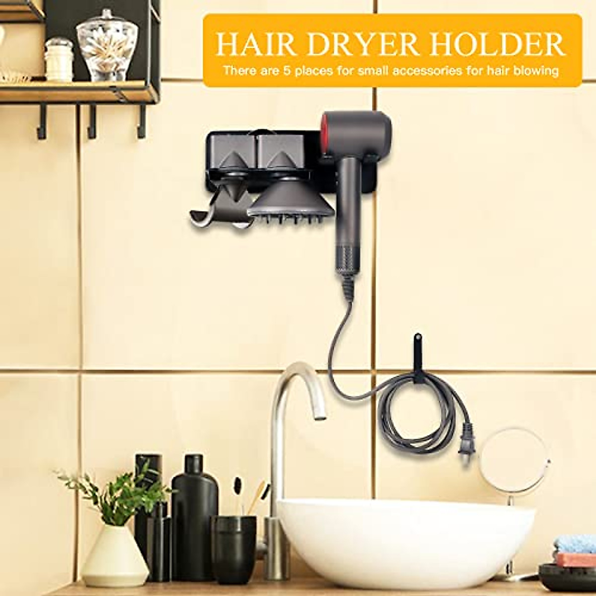 GTHUNDER Hair Dryer Holder Wall Mounted Bathroom Blow Dryer Holder Storage Rack,Multi-Functional Hair Dryer Rack for Dyson Hair Dryer Holder,laifen Hair Dryer Holder(Black)