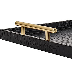 MACVAD Set of 2 Modern Elegant Large Wood Serving Tray, Black Crocodile Leather with Gold Polished Metal Handles, Rectangle Decorative Tray for Ottoman Coffee Table Living Room